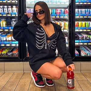 Fernvia Women Zip Up Hoodie Rhinestone Skeleton Goth Clothes Vintage Oversized Sweatshirt Print Jacket Streetwear Coat