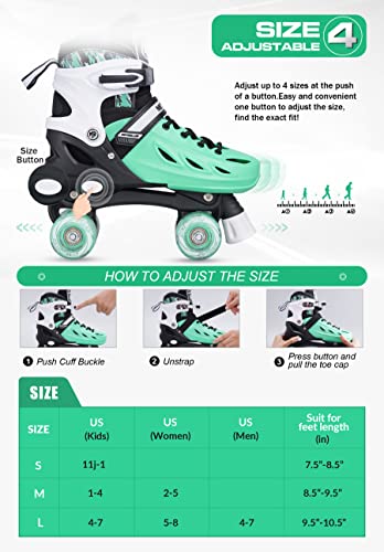 METROLLER Roller Skates for Girls and Boys Teens, Adjustable 4 Sizes for Kids Toddler Rollerskates with Light up Wheels, for Youth Women and Men