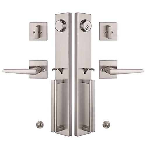 NEWBANG Brushed Nickel Double Door Handle Set,(Keyed and Dummy Set),MDHST2016SN-SET-BR-1