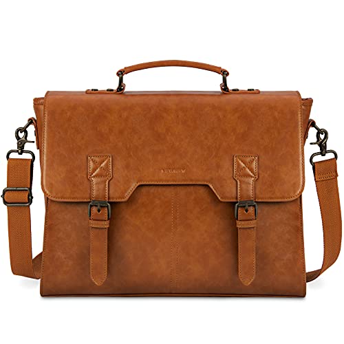 Leather Messenger Bag for Men 15.6 Inch Waterproof Laptop Briefcase Large Leather Satchel Laptop Messenger Bag Vintage Shoulder Bag Office Travel Business Computer Bag Brown