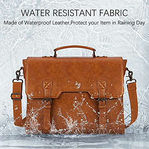 Leather Messenger Bag for Men 15.6 Inch Waterproof Laptop Briefcase Large Leather Satchel Laptop Messenger Bag Vintage Shoulder Bag Office Travel Business Computer Bag Brown