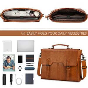 Leather Messenger Bag for Men 15.6 Inch Waterproof Laptop Briefcase Large Leather Satchel Laptop Messenger Bag Vintage Shoulder Bag Office Travel Business Computer Bag Brown