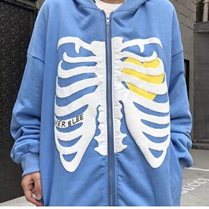 Women Zip Up Hoodies Goth Skeleton Rib Cage Graphics Y2K Harajuku Novelty Sweatshirt Blue