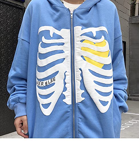 Women Zip Up Hoodies Goth Skeleton Rib Cage Graphics Y2K Harajuku Novelty Sweatshirt Blue