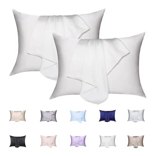 Silk Pillowcase 2 Pack, FANHSJF 100% Mulberry Silk Pillowcase for Hair and Skin, 19 Momme 600 Thread Count Silk Pillow Cover Set of 2 with Hidden Zipper. (White, Standard 20x26)