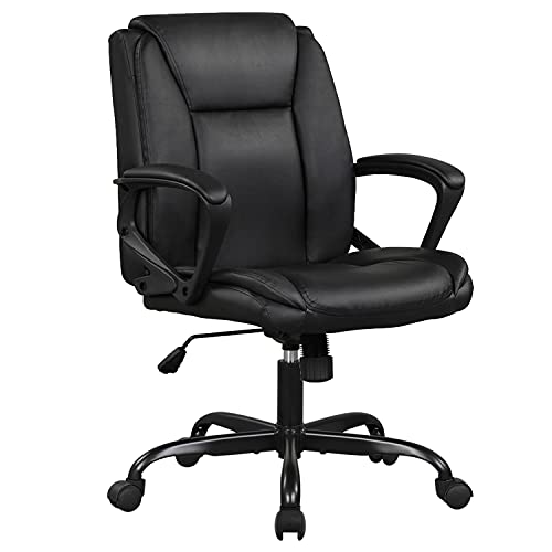 Home Office Chair Ergonomic Desk Chair PU Leather Task Chair Executive Rolling Swivel Mid Back Computer Chair with Lumbar Support Armrest Adjustable Chair for Men (Black)