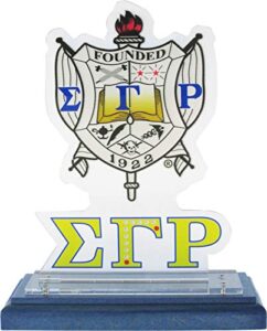 sigma gamma rho acrylic desktop piece with color wooden base [blue - 7" x 8.5"]