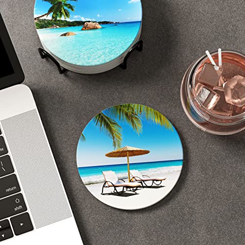 Nipichsha Coasters for Drinks, Set of 6 Beach Style Absorbent Ceramic Coasters with Holder and Cork Base, Cute Stone Drink Coasters for Cup Kitchen Home Decor Housewarming Gift, Round 4", Happy Beach