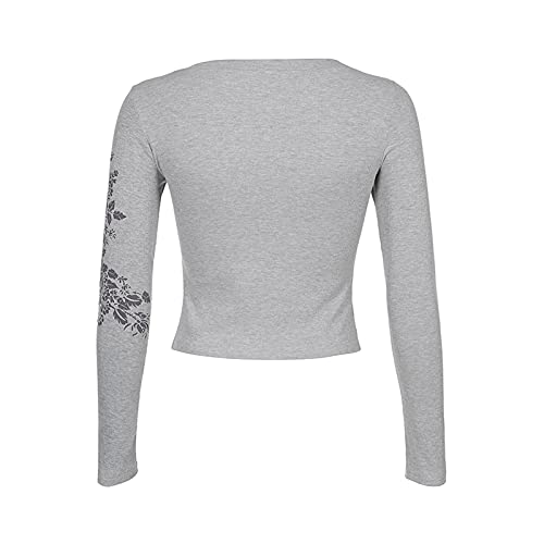 Women Y2K Long Sleeve Crop Top Ribbed Graphic Print Shirt Crew Neck Basic Blouse Tops Streewear(I-Gray Print,S)