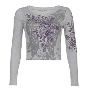 Women Y2K Long Sleeve Crop Top Ribbed Graphic Print Shirt Crew Neck Basic Blouse Tops Streewear(I-Gray Print,S)