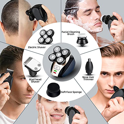 Electric Head Hair Shaver - ZHENREN Bald Head Shaver Mens Cordless Wet/Dry Bald Head Waterproof Razor with Rotary Blades, Clippers, Nose Trimmer, Brush, Massager