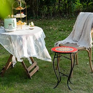 VONLUCE Outdoor Mosaic Side Table, 14 Inch Round Accent Table Plant Stand Decor with Ceramic Tile Top, Patio End Table for Garden Porch Living Room Balcony Deck Porch Pool, Red