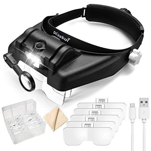 Dilzekui Head Mount Magnifying Glass with Light, Rechargeable Black Headband Magnifier, Head-Mounted Magnifying Glass with 6 Detachable Lens, Hands Free Magnifying Glasses for Close Work Crafts Repair