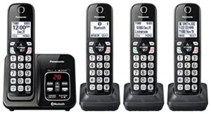 panasonic expandable cordless phone system with link2cell bluetooth, voice assistant, answering machine and call blocking - 4 cordless handsets - kx-tgd664m (metallic black)