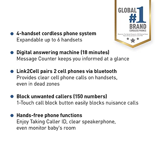 Panasonic Expandable Cordless Phone System with Link2Cell Bluetooth, Voice Assistant, Answering Machine and Call Blocking - 4 Cordless Handsets - KX-TGD664M (Metallic Black)