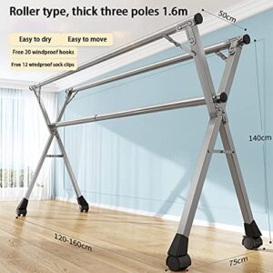 AKDXM Portable Drying Rack Foldable Bold Stainless Steel Hanger Adjustable Large-Capacity Metal Hanger Windproof Hook Suitable Indoor Outdoor Simple Clothes Poles,120 to 160x75x1400cm