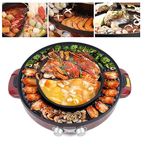 Household Electric Grill,2 in 1 Smokeless BBQ Grill & Shabu Shabu Hot Pot,Independent Temperature Control,Hot Pot with Grill for 2-5 People Family Gathering