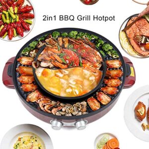 Household Electric Grill,2 in 1 Smokeless BBQ Grill & Shabu Shabu Hot Pot,Independent Temperature Control,Hot Pot with Grill for 2-5 People Family Gathering