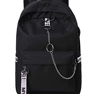 El-fmly Fashion Backpack with USB Charging Port for Travel, Lightweight School Bookbags with Cool Letters Strap for Teenage Girls & Women (Black+Grey)