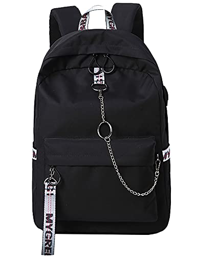 El-fmly Fashion Backpack with USB Charging Port for Travel, Lightweight School Bookbags with Cool Letters Strap for Teenage Girls & Women (Black+Grey)