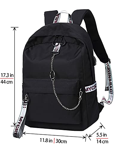 El-fmly Fashion Backpack with USB Charging Port for Travel, Lightweight School Bookbags with Cool Letters Strap for Teenage Girls & Women (Black+Grey)