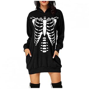 linashi black skeleton hoodie dress for women girl halloween - long sleeve pumpkin skull hooded sweatshirt pullover with pocket (c, xxl)