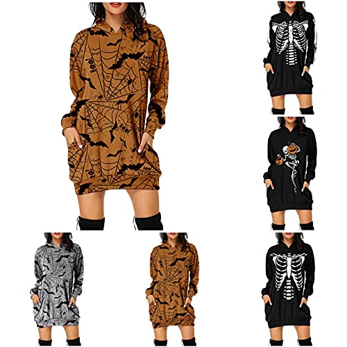 LINASHI Black Skeleton Hoodie Dress for Women Girl Halloween - Long Sleeve Pumpkin Skull Hooded Sweatshirt Pullover with Pocket (C, XXL)