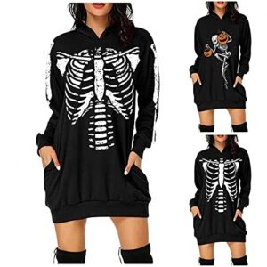 LINASHI Black Skeleton Hoodie Dress for Women Girl Halloween - Long Sleeve Pumpkin Skull Hooded Sweatshirt Pullover with Pocket (C, XXL)