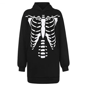 LINASHI Black Skeleton Hoodie Dress for Women Girl Halloween - Long Sleeve Pumpkin Skull Hooded Sweatshirt Pullover with Pocket (C, XXL)