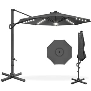 best choice products 10ft solar led cantilever patio umbrella, 360-degree rotation hanging offset market outdoor sun shade for backyard, deck, poolside w/lights, easy tilt, cross base - gray