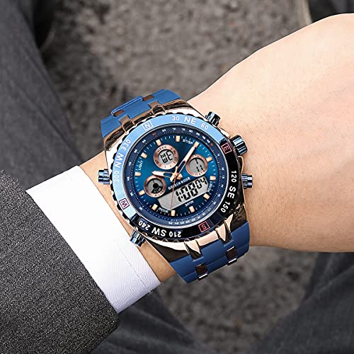 GOLDEN HOUR Luxury Military Sports Men's Watches Large Size Big Face 3ATM Waterproof, Stopwatch, Date and Date, Alarm, Luminous Digital Analog Wrist Watch with Rubber Band in Rose Gold Blue