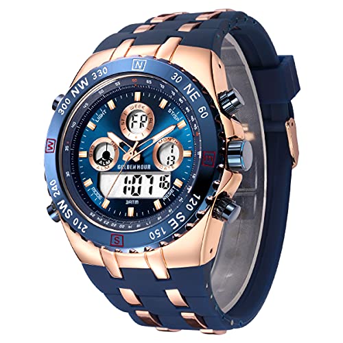 GOLDEN HOUR Luxury Military Sports Men's Watches Large Size Big Face 3ATM Waterproof, Stopwatch, Date and Date, Alarm, Luminous Digital Analog Wrist Watch with Rubber Band in Rose Gold Blue