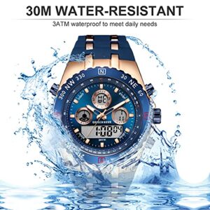 GOLDEN HOUR Luxury Military Sports Men's Watches Large Size Big Face 3ATM Waterproof, Stopwatch, Date and Date, Alarm, Luminous Digital Analog Wrist Watch with Rubber Band in Rose Gold Blue