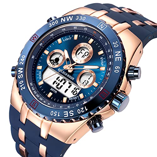 GOLDEN HOUR Luxury Military Sports Men's Watches Large Size Big Face 3ATM Waterproof, Stopwatch, Date and Date, Alarm, Luminous Digital Analog Wrist Watch with Rubber Band in Rose Gold Blue