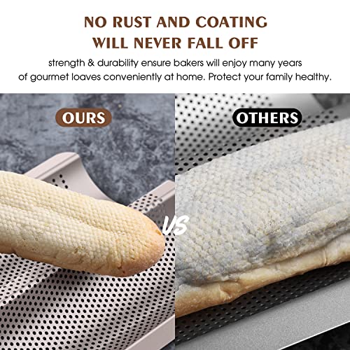 Fulimax Baguette Pan French Bread Pans For Baking Pans, Nonstick 2 Slots Perforated Italian Loaf Pan Mold Long French Bread Pan Golden