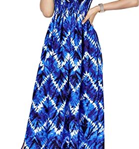 LA LEELA Women's Boho A line Smocked Strapless Dresses Evening Long Tube Top Slit Maxi Dress for Women One Size Azure, Zig Zag