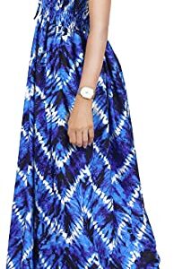 LA LEELA Women's Boho A line Smocked Strapless Dresses Evening Long Tube Top Slit Maxi Dress for Women One Size Azure, Zig Zag