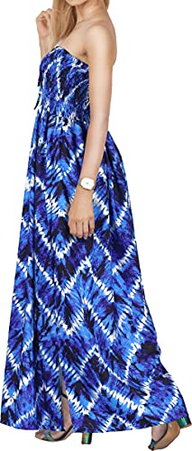 LA LEELA Women's Boho A line Smocked Strapless Dresses Evening Long Tube Top Slit Maxi Dress for Women One Size Azure, Zig Zag