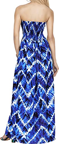 LA LEELA Women's Boho A line Smocked Strapless Dresses Evening Long Tube Top Slit Maxi Dress for Women One Size Azure, Zig Zag