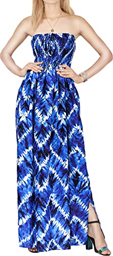 LA LEELA Women's Boho A line Smocked Strapless Dresses Evening Long Tube Top Slit Maxi Dress for Women One Size Azure, Zig Zag