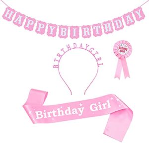 happy birthday decorations banner for girls pink birthdy girl headband sash pin button for little girls birthday party favos supplies accessories , 4 pcs