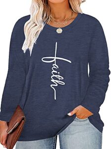 plus size tops women faith shirts christian inspirational tshirt long sleeve graphic tees(a-02-a-blue,1x)