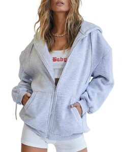 trendy queen womens hoodies y2k clothes 2023 fall fashion zip up oversized sweatshirts comfy fleece jackets long sleeve teen girls winter casual cute clothing grey