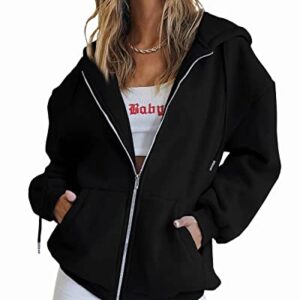 Trendy Queen Hoodies for Women Fall Clothes 2023 Zip up Oversized Sweatshirt Fleece Jackets Long Sleeve Comfy Winter Clothes Teen Girls Fashion Cute Y2K Clothing Black