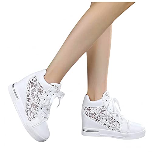 Hbeylia Platform Hidden Heels Fashion Sneakers For Women Fashion Lace Crochet Lace Up Chunky Bottom High Heels High Top Skateboard Canvas Shoes Casual Leather Walking Slip On Loafers Work Shoes