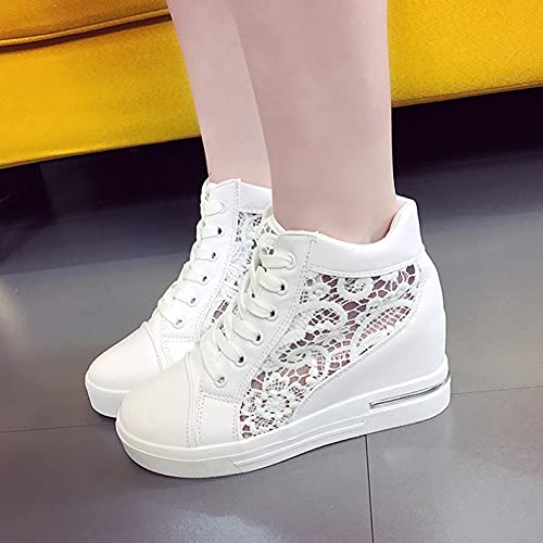 Hbeylia Platform Hidden Heels Fashion Sneakers For Women Fashion Lace Crochet Lace Up Chunky Bottom High Heels High Top Skateboard Canvas Shoes Casual Leather Walking Slip On Loafers Work Shoes