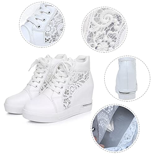 Hbeylia Platform Hidden Heels Fashion Sneakers For Women Fashion Lace Crochet Lace Up Chunky Bottom High Heels High Top Skateboard Canvas Shoes Casual Leather Walking Slip On Loafers Work Shoes