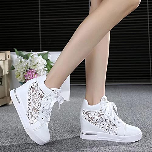 Hbeylia Platform Hidden Heels Fashion Sneakers For Women Fashion Lace Crochet Lace Up Chunky Bottom High Heels High Top Skateboard Canvas Shoes Casual Leather Walking Slip On Loafers Work Shoes