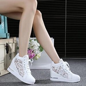 Hbeylia Platform Hidden Heels Fashion Sneakers For Women Fashion Lace Crochet Lace Up Chunky Bottom High Heels High Top Skateboard Canvas Shoes Casual Leather Walking Slip On Loafers Work Shoes