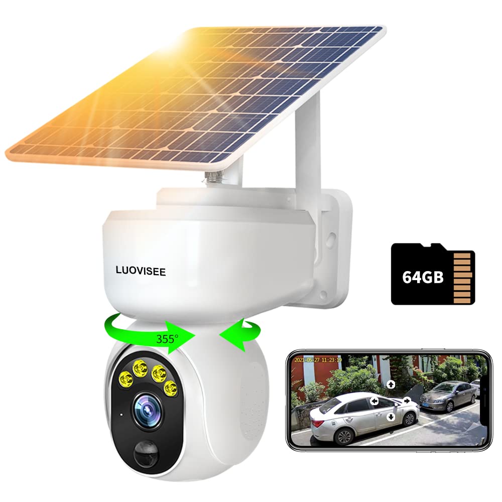 Luovisee Wireless Solar Outdoor Home Security WiFi Camera PTZ Full Color Night Vision with Audio,PIR Motion Detection Alarm,64G SD Card, Rechargeable Battery,IP65 Weather Proof,Siren,360 View